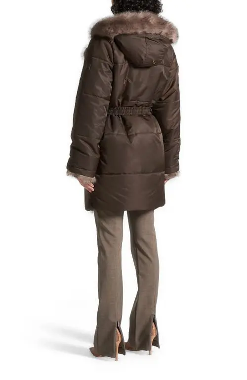 Manière De Voir Longline Puffer Coat With Faux Fur Trims And Belt