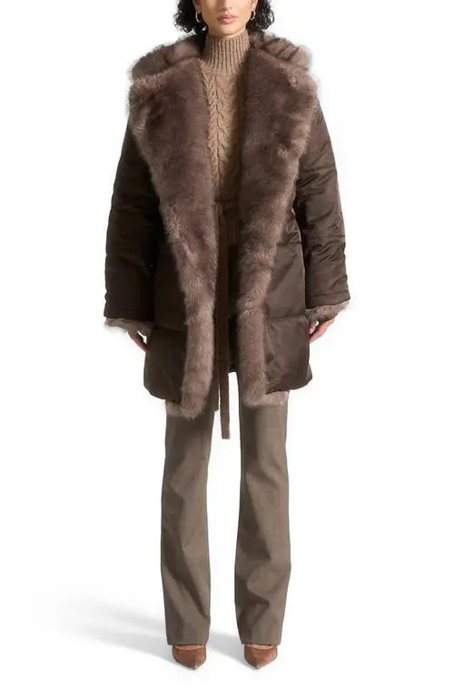 Manière De Voir Longline Puffer Coat With Faux Fur Trims And Belt