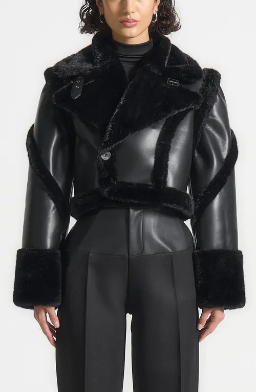 Manière De Voir Leather & Plush Gilet Jacket - Black