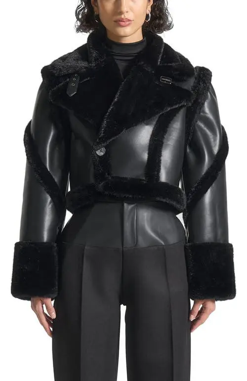 Manière De Voir Leather & Plush Gilet Jacket - Black