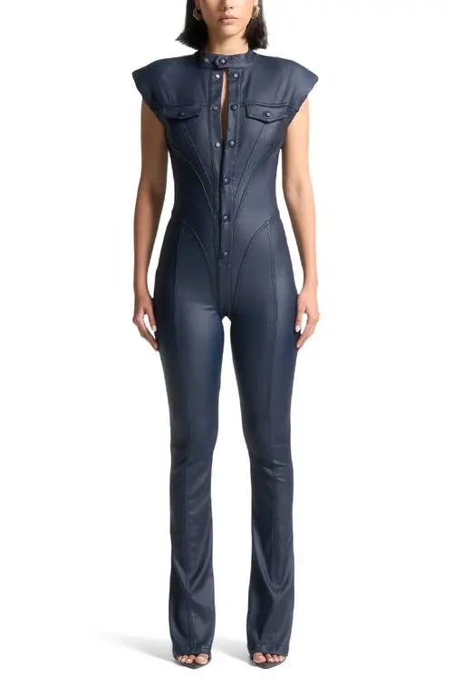 Manière De Voir Wax Coated Denim Flared Jumpsuit - Indigo
