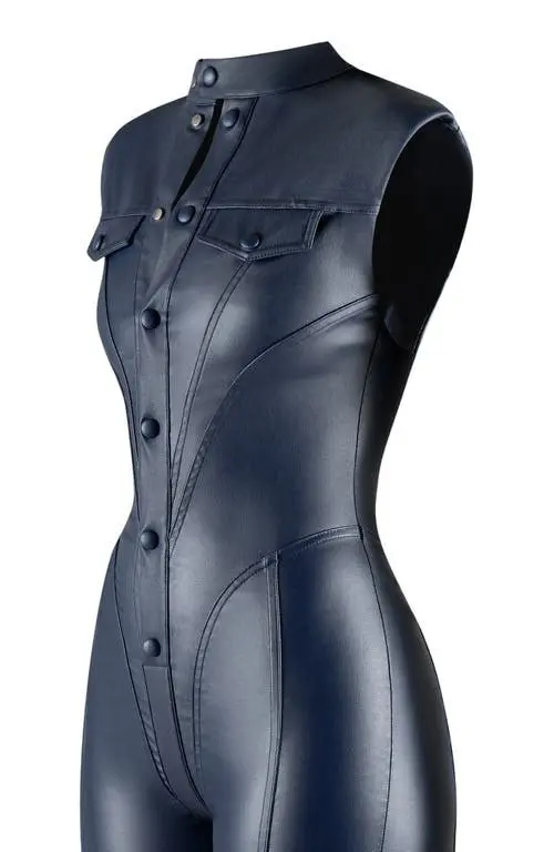 Manière De Voir Wax Coated Denim Flared Jumpsuit - Indigo