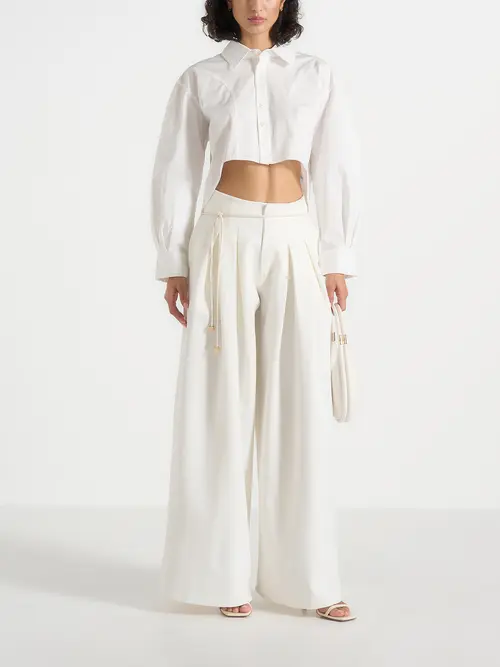 Manière De Voir Flora Box Pleat Wide Leg Belted Trousers - Cream