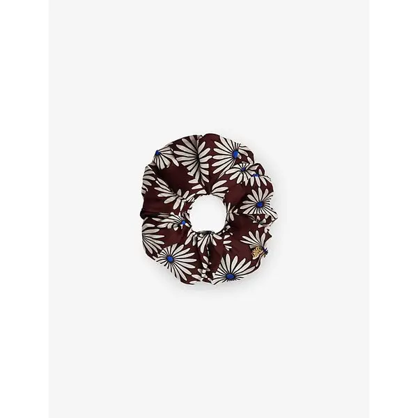 Sandro Floral-print Silk Scrunchie - Marron / Bleu
