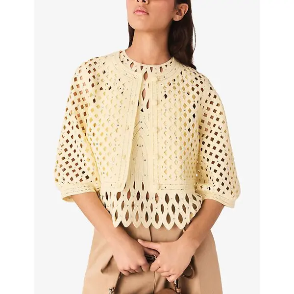 Maje Crochet Rhinestone-embellished Woven Cardigan - Pale Yellow