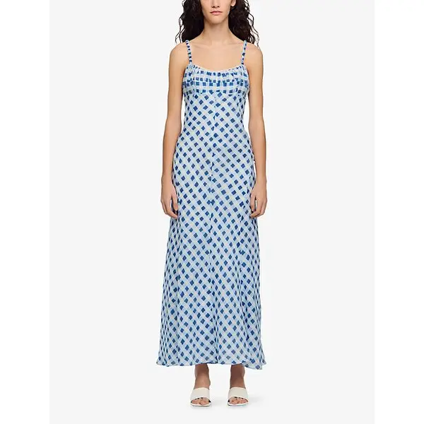 Sandro Checked Ruched Linen-blend Maxi Dress