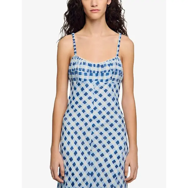 Sandro Checked Ruched Linen-blend Maxi Dress