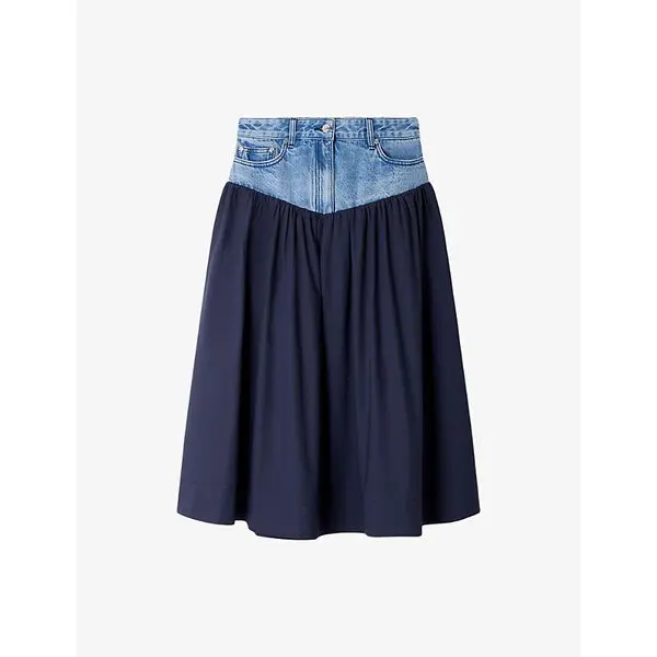 Sandro Flared Cotton Midi Skirt With Denim Panel