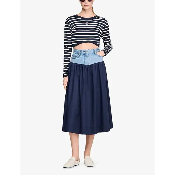 Sandro Flared Cotton Midi Skirt With Denim Panel