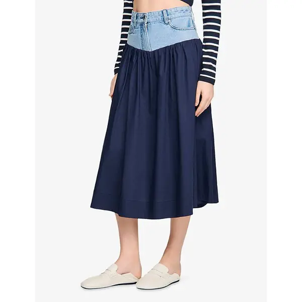 Sandro Flared Cotton Midi Skirt With Denim Panel