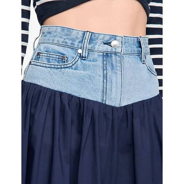 Sandro Flared Cotton Midi Skirt With Denim Panel