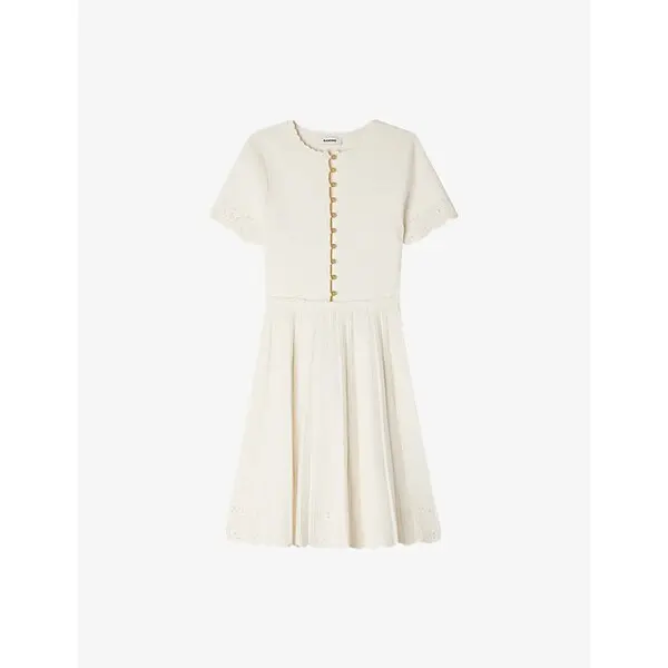 Sandro Pointelle-detail Scalloped-trim Stretch-knit Mini Dress - Ecru