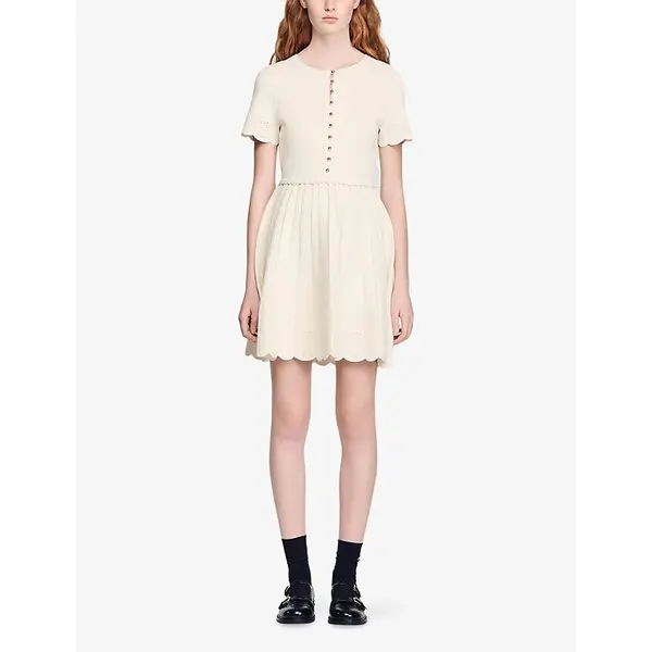 Sandro Pointelle-detail Scalloped-trim Stretch-knit Mini Dress - Ecru