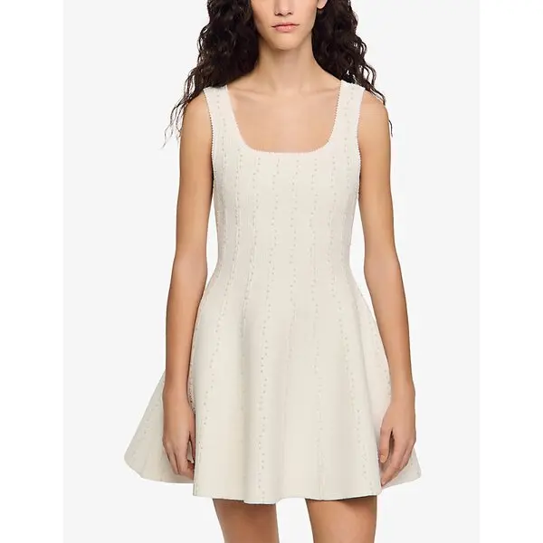Sandro Bead-embellished Flared Knitted Mini Dress - White