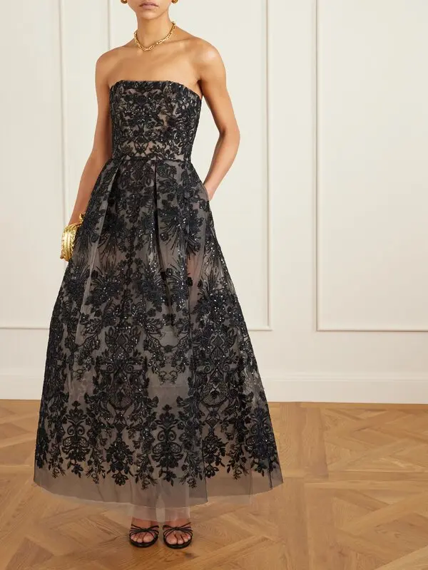 Elie Saab Strapless Sequin-embellished Embroidered Tulle Midi Dress