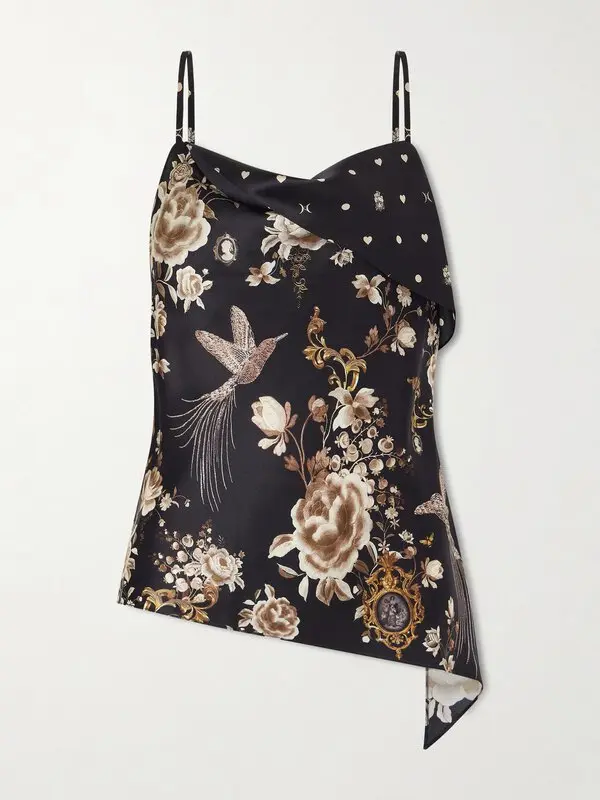 Camilla Asymmetric Draped Embellished Embroidered Printed Silk-satin Top - Black
