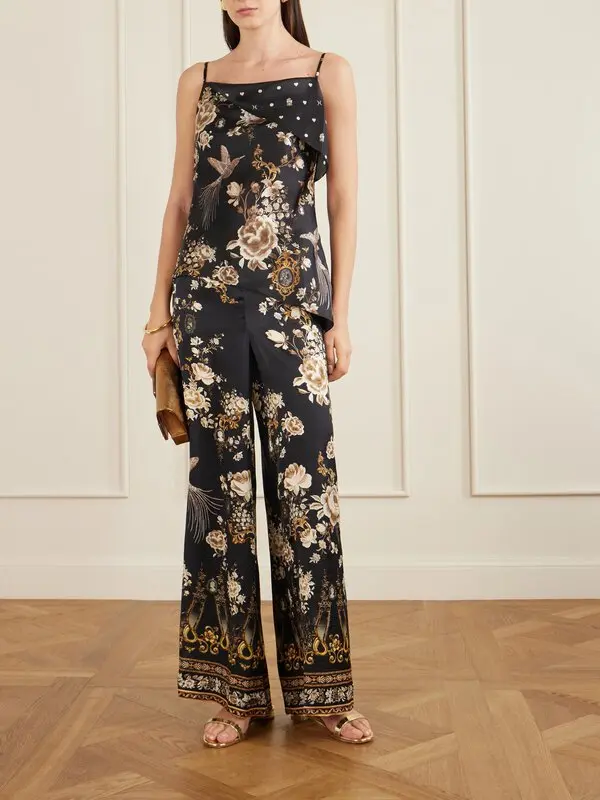 Camilla Asymmetric Draped Embellished Embroidered Printed Silk-satin Top - Black