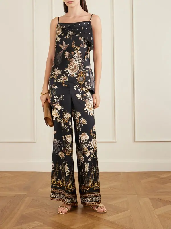 Camilla Embellished Embroidered Printed Silk-satin Pants - Black