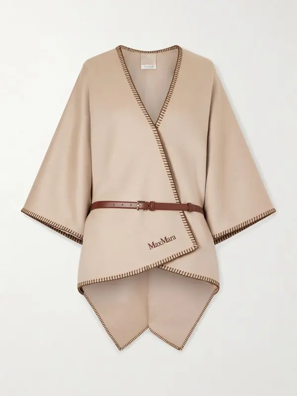 Max Mara Belted Whipstitched Embroidered Wool Cape - Neutrals
