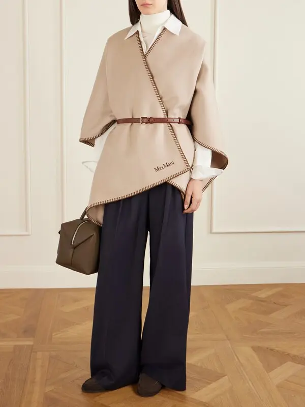 Max Mara Belted Whipstitched Embroidered Wool Cape - Neutrals