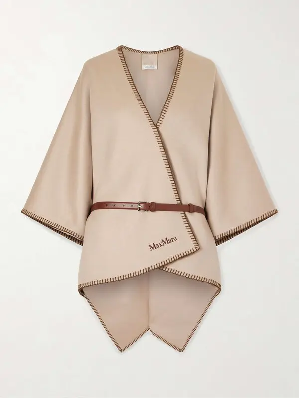 Max Mara Belted Whipstitched Embroidered Wool Cape - Sand
