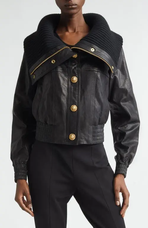 Balmain Lambskin Leather Bomber Jacket With Knit Collar - 0pa Black