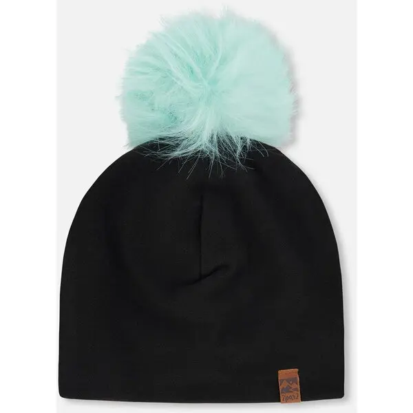 DEUX PAR DEUX Stretch Jersey Hat With Pompom - Black