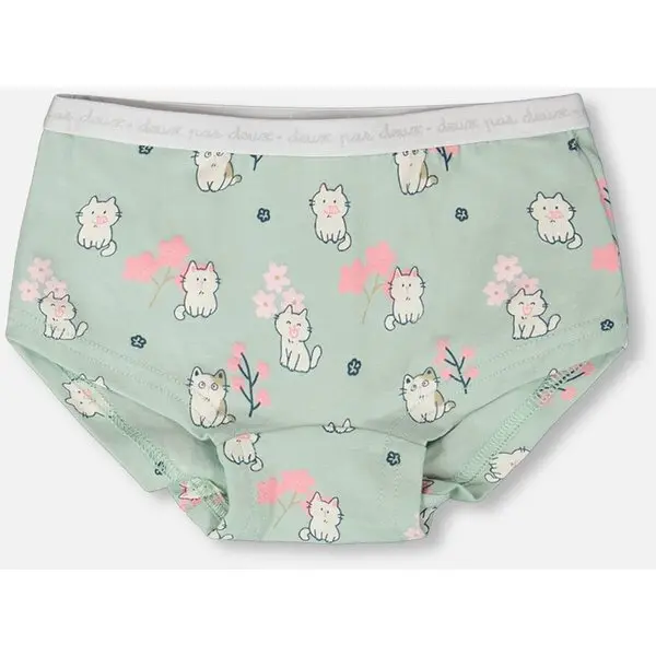 DEUX PAR DEUX Organic Cotton Kitten Boyshort Panty - Green Kitten Print