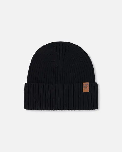 DEUX PAR DEUX Rib Knit Beanie Hat - Black