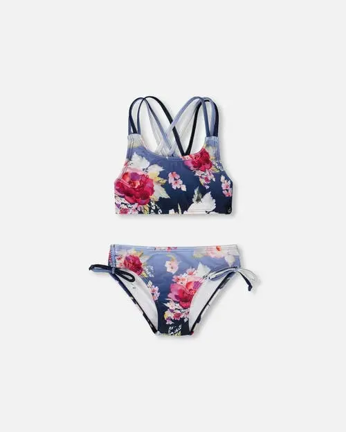 DEUX PAR DEUX Two-piece Swimsuit - Blue With Roses Print