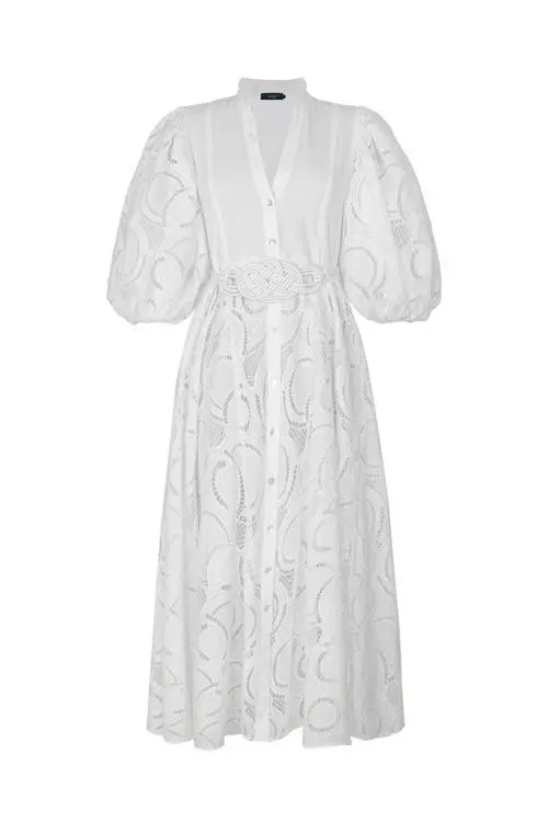 NO PISE LA GRAMA Bromelia Midi Dress With Puff Sleeves And Tie Waist - White Eyelet