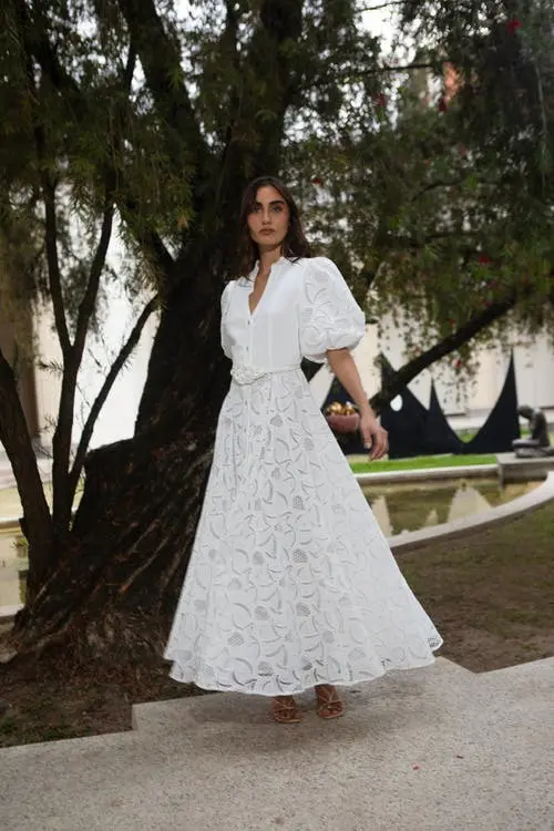 NO PISE LA GRAMA Bromelia Midi Dress With Puff Sleeves And Tie Waist - White Eyelet