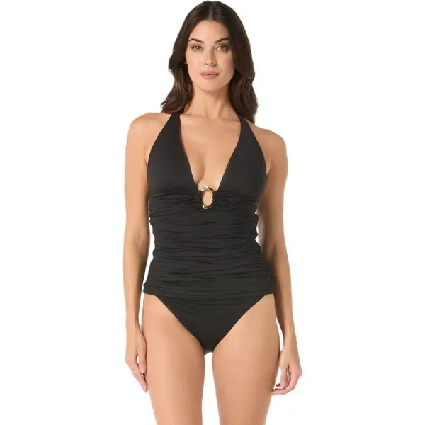 Carmen Marc Valvo Ring Detail Halter Tankini Top - Black