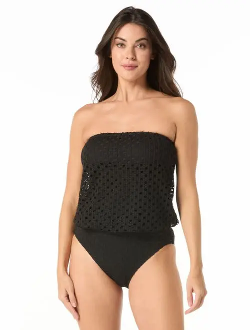 Carmen Marc Valvo Crochet Blouson Tankini Swim Top - Black
