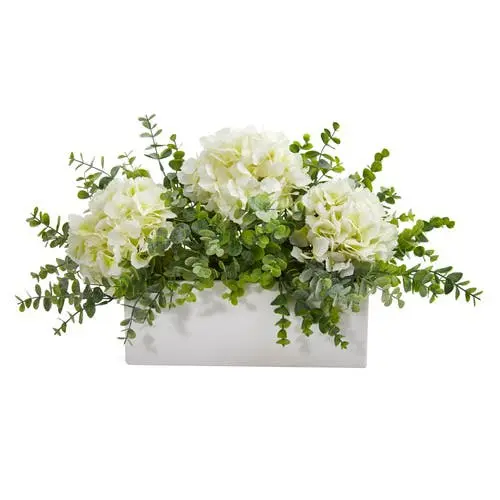 NEARLY NATURAL 15-in Hydrangea And Eucalyptus Artificial Arrangement - White