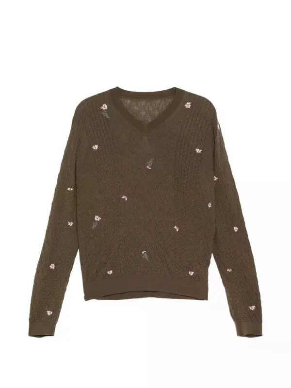JNBY Embroidered V-neck Long Sleeve Top - Brown