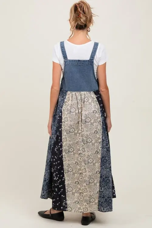PINKBLUSH Floral Colorblock Print Denim Contrast Maternity Dress