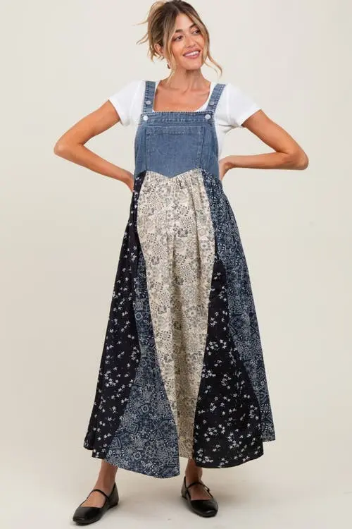 PINKBLUSH Floral Colorblock Print Denim Contrast Maternity Dress
