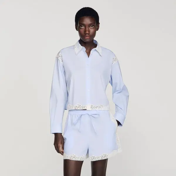 Sandro Straight-cut Cropped Shirt With Lace - Sky Blue