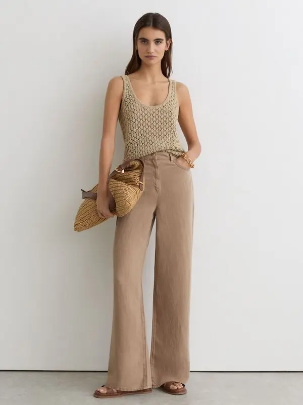REISS Carmen Lyocell-linen Wide-leg Trousers - Taupe Neutral