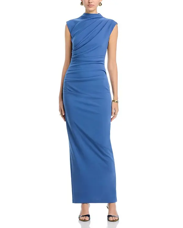 Aqua Long Scuba Crepe Ruched Mock Neck Dress - Slate