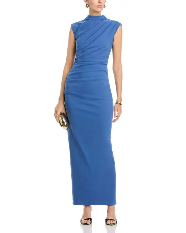Aqua Long Scuba Crepe Ruched Mock Neck Dress - Slate