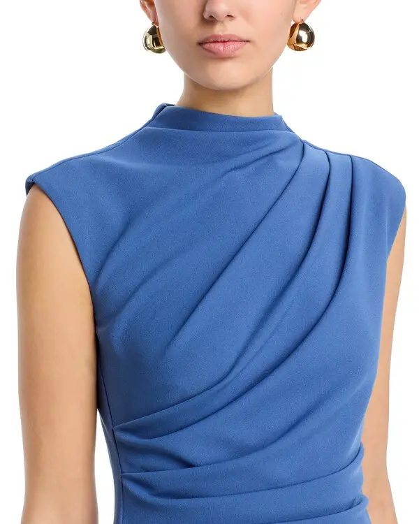 Aqua Long Scuba Crepe Ruched Mock Neck Dress - Slate