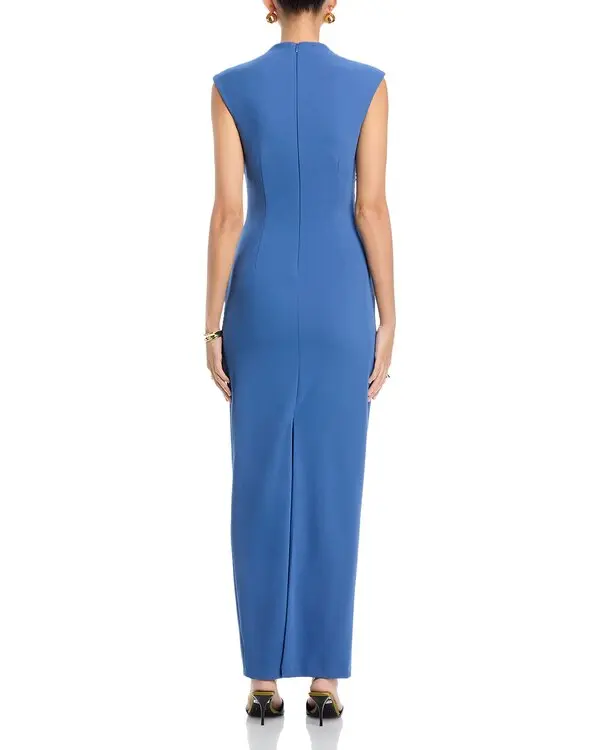 Aqua Long Scuba Crepe Ruched Mock Neck Dress - Slate