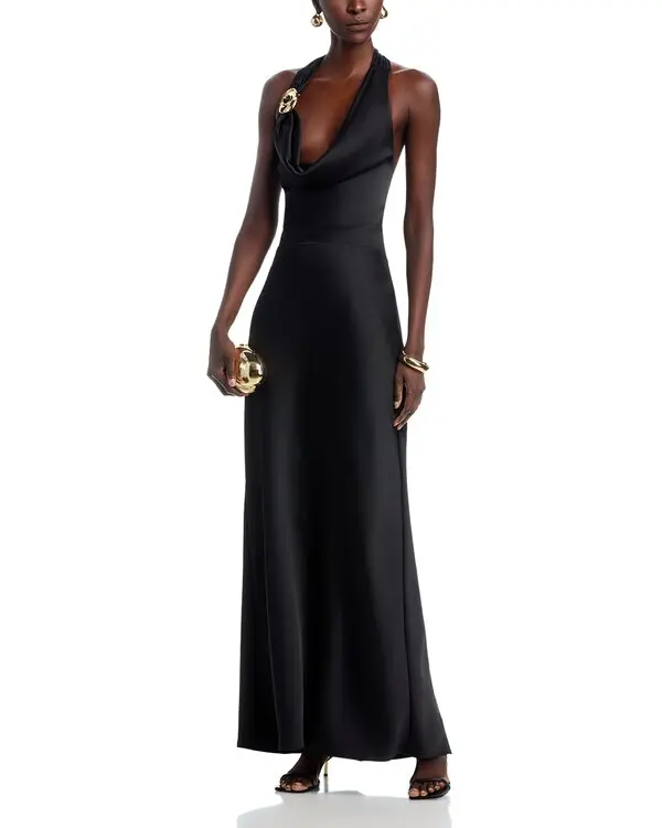 Aqua Long Satin Draped Halter Dress