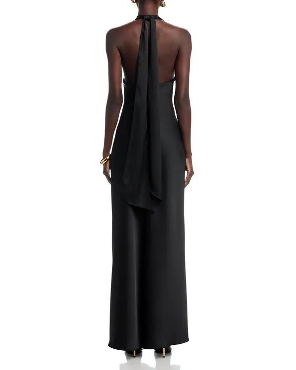 Aqua Long Satin Draped Halter Dress