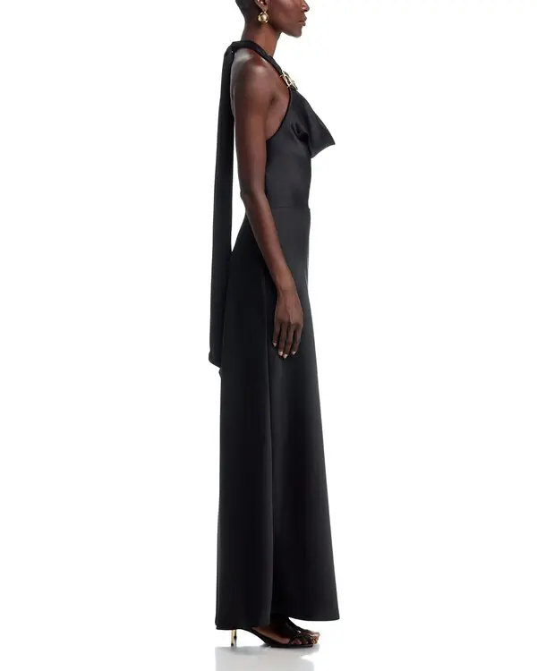 Aqua Long Satin Draped Halter Dress