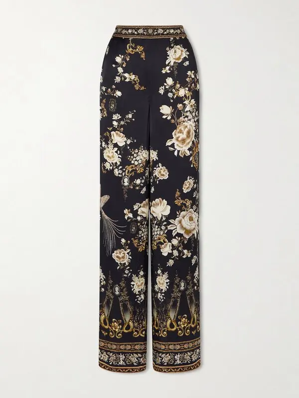 Camilla Embellished Embroidered Printed Silk-satin Pants