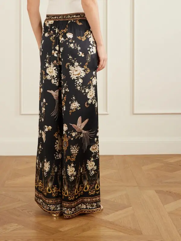 Camilla Embellished Embroidered Printed Silk-satin Pants