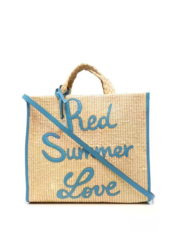 Red Valentino Slogan Straw Tote Bag